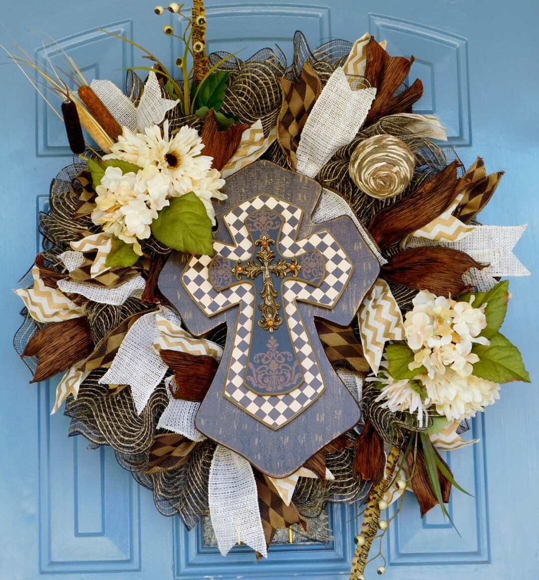 Harlequin, Metal, and Wooden Cross Deco Mesh Wreath, Front Door Wreath ...
