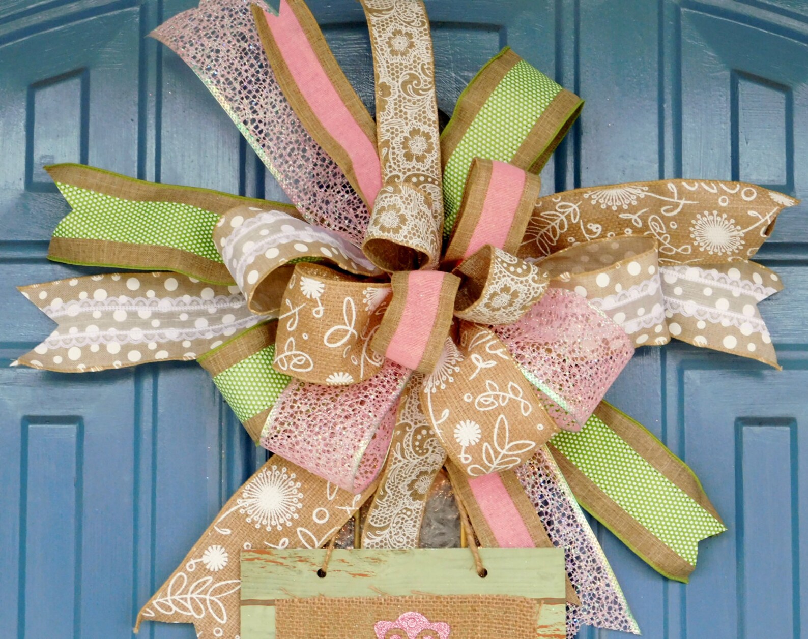 Burlap on Light Green Plank-like Sign he is Risen Pink Glitter Cross ...