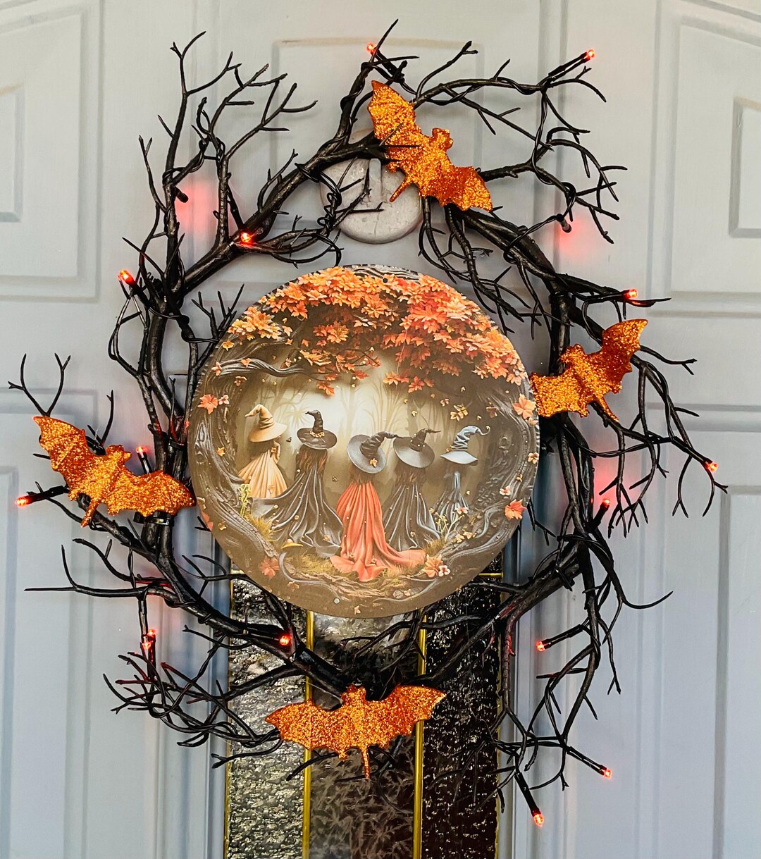 Coven of Witches 2D Aluminum Sign on a Black Lighted Twig Wreath ...