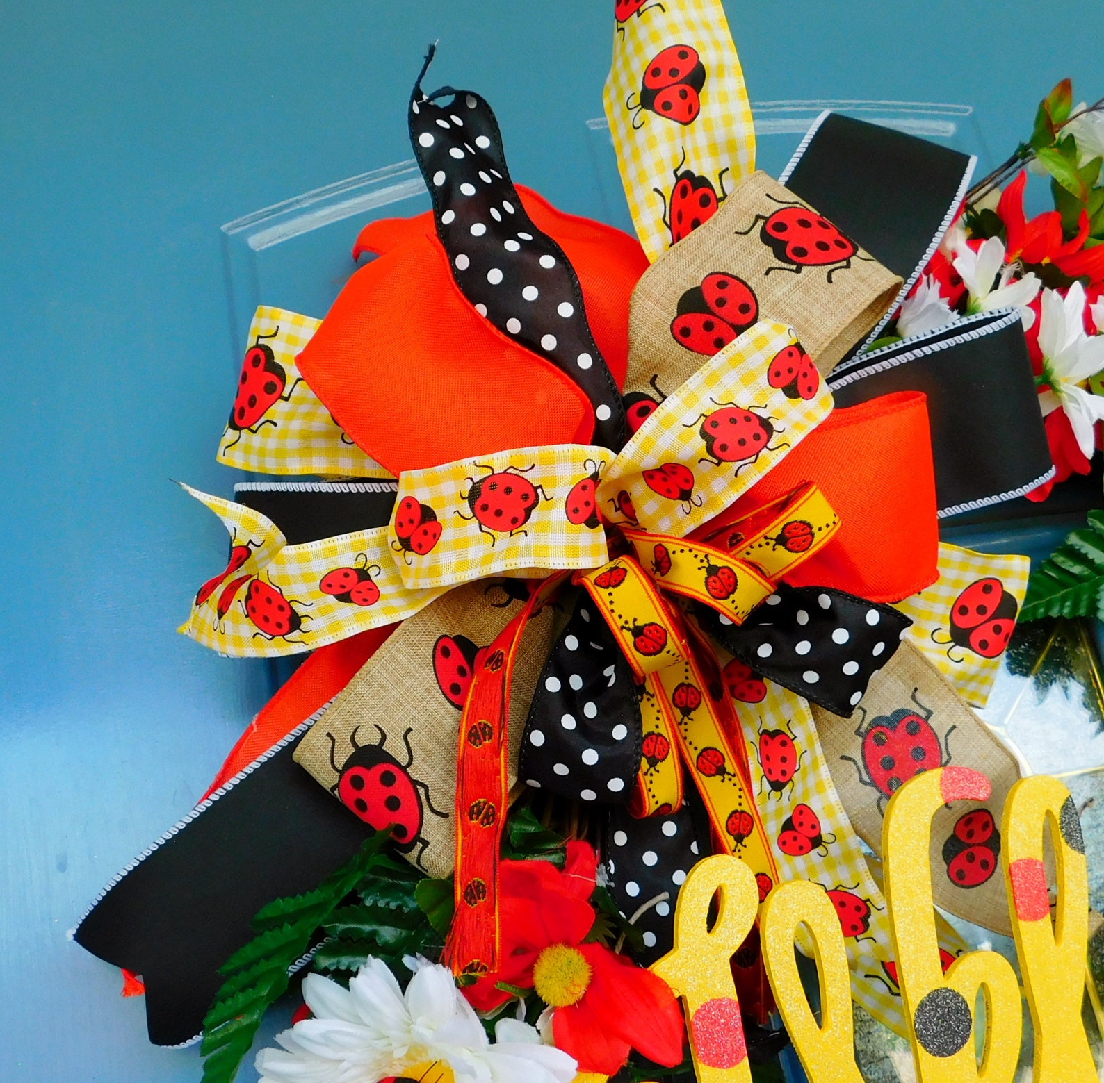 Large Oval Grapevine Ladybug Floral Welcome Wreath, Front Door Wreath ...