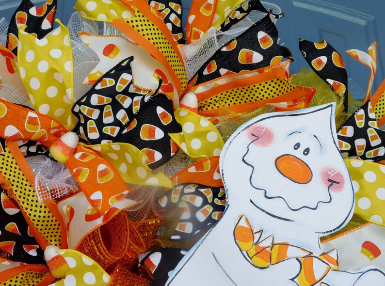 Wooden Handpainted Ghost With Candy Corn Deco Mesh Wreath - Etsy