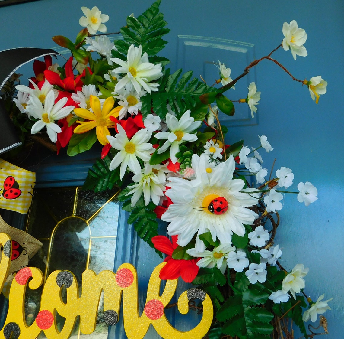 Large Oval Grapevine Ladybug Floral Welcome Wreath, Front Door Wreath ...