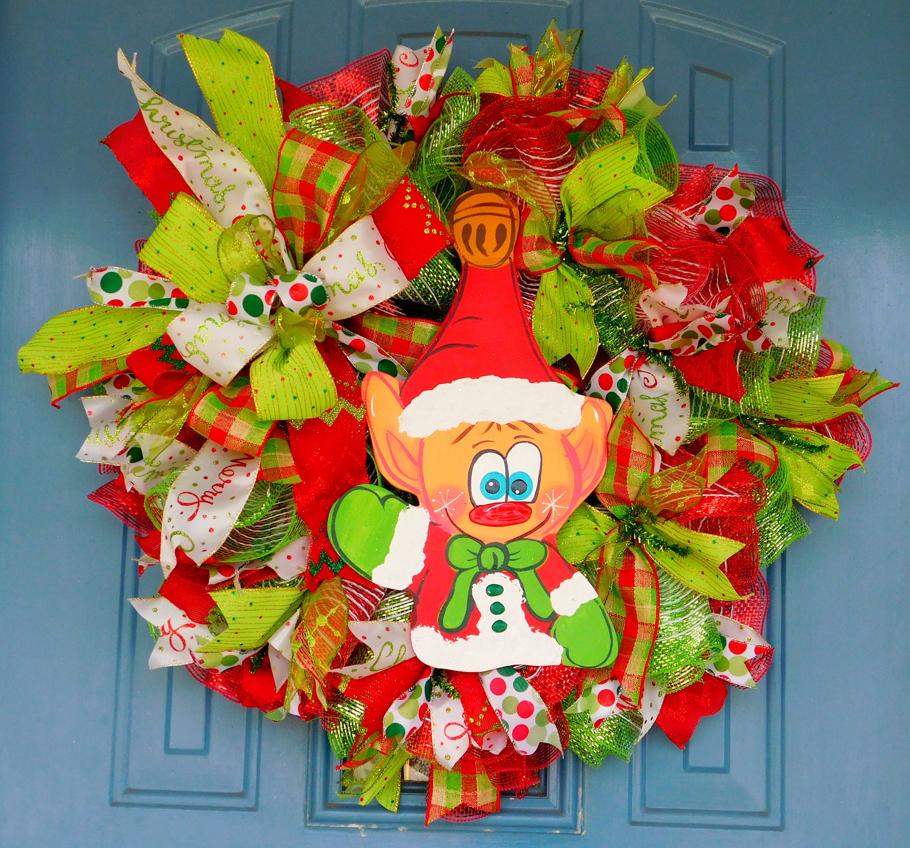 Handpainted Waving Elf on a Deco Mesh Christmas Wreath, Front Door ...