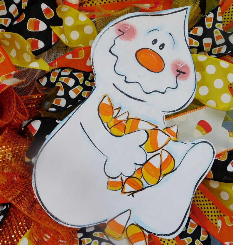 Wooden Handpainted Ghost With Candy Corn Deco Mesh Wreath - Etsy