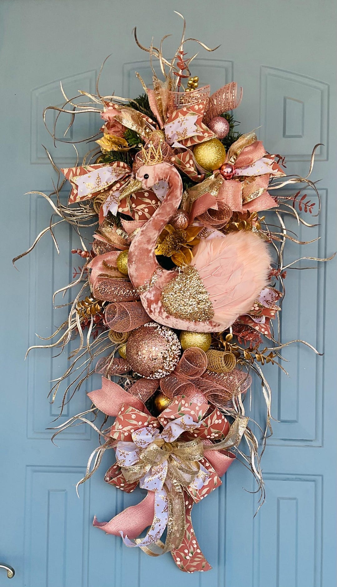 Glam Plush Rose Gold Swan Evergreen Christmas Swag, Front Door Swag ...