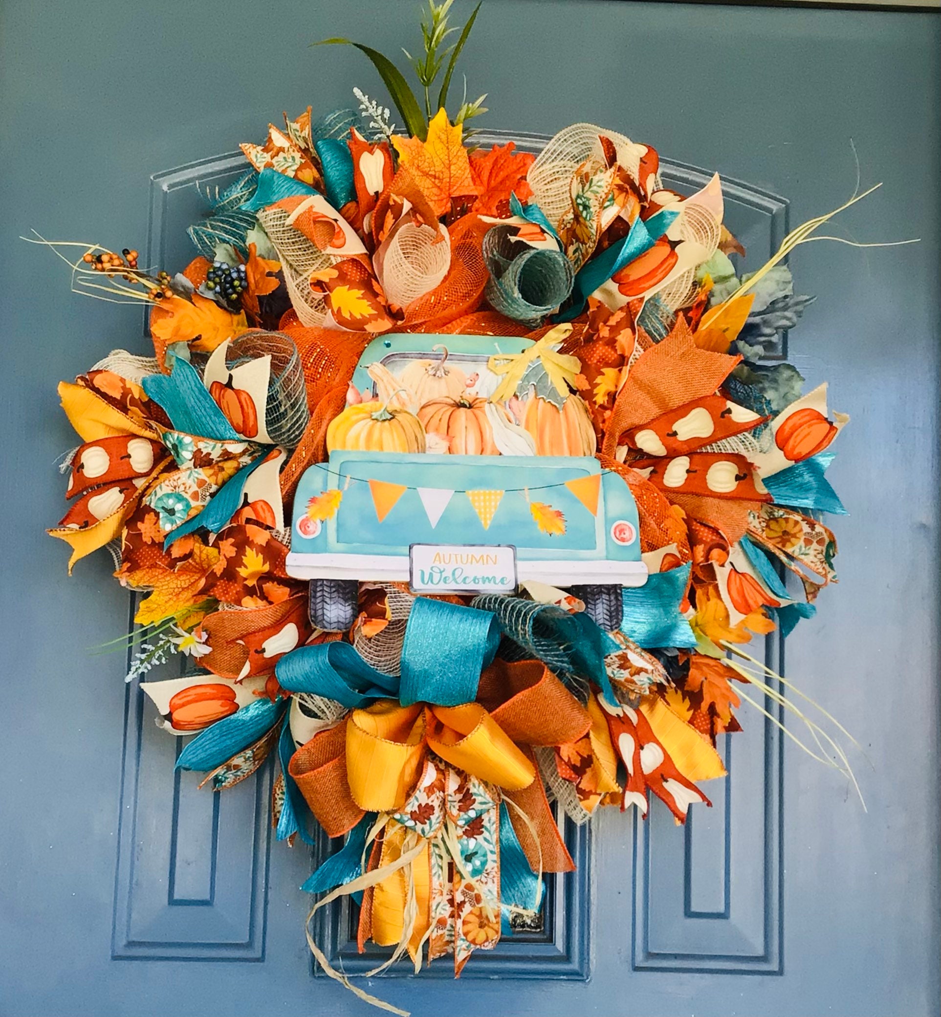 Fall Welcome Deco Mesh Wreath Blue Truck Sign With Pumpkins - Etsy