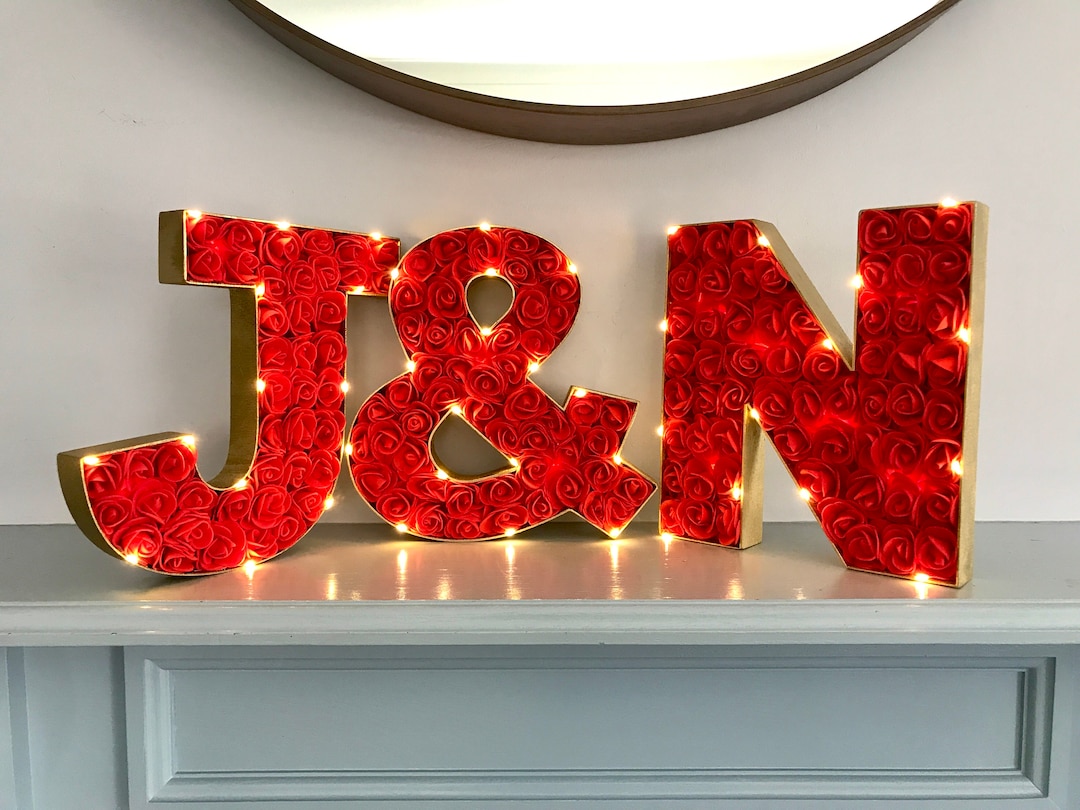 Illuminated Red Rose & Gold Initial Table Decor for Weddings ...