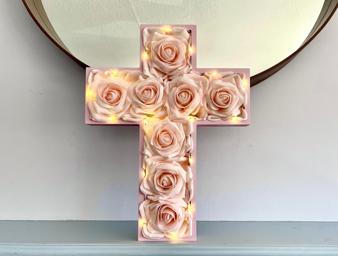 Pink Rose Floral Cross With LED Lights: Christian Decor - Etsy