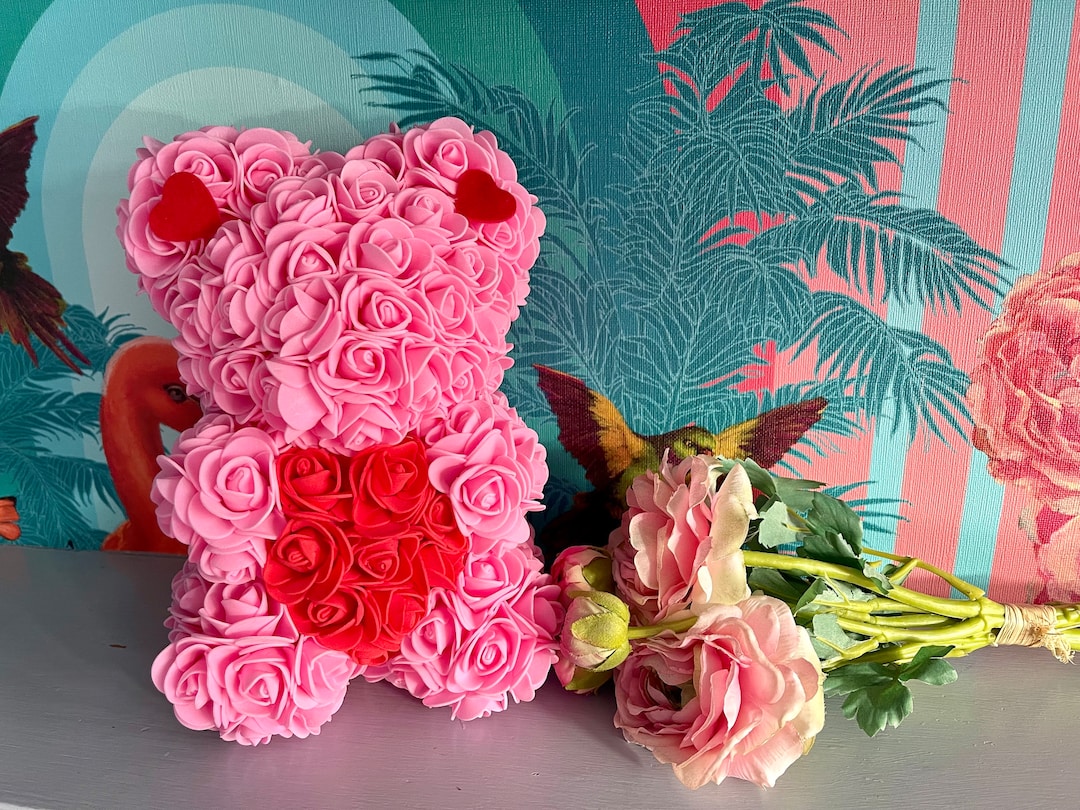 Pink Rose Teddy Bear: Everlasting Floral Gift - Etsy
