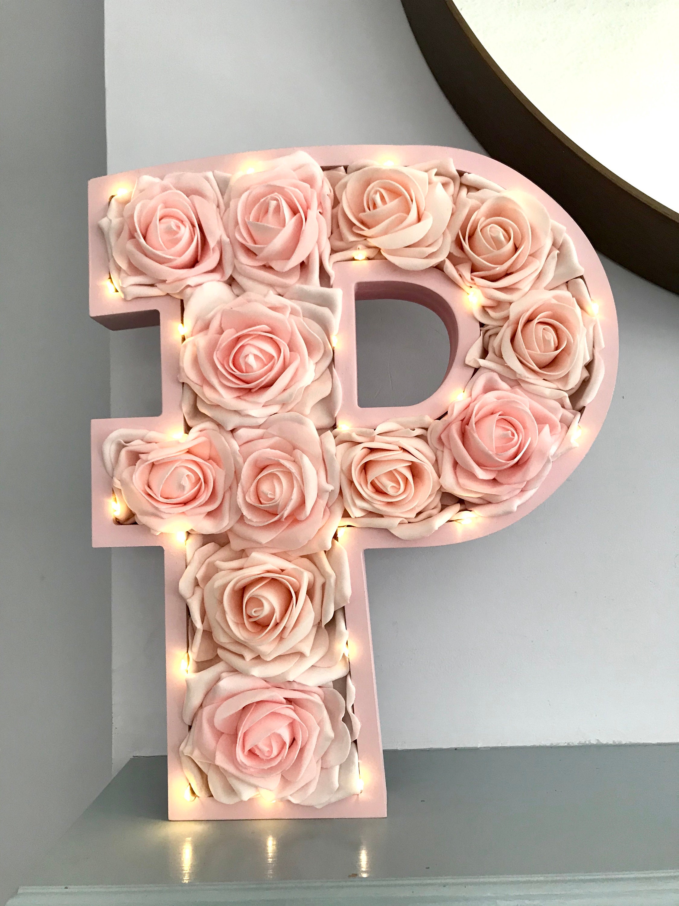 30cm Floral Name Sign, Giant Pink Rose Letters, Light up Flower ...