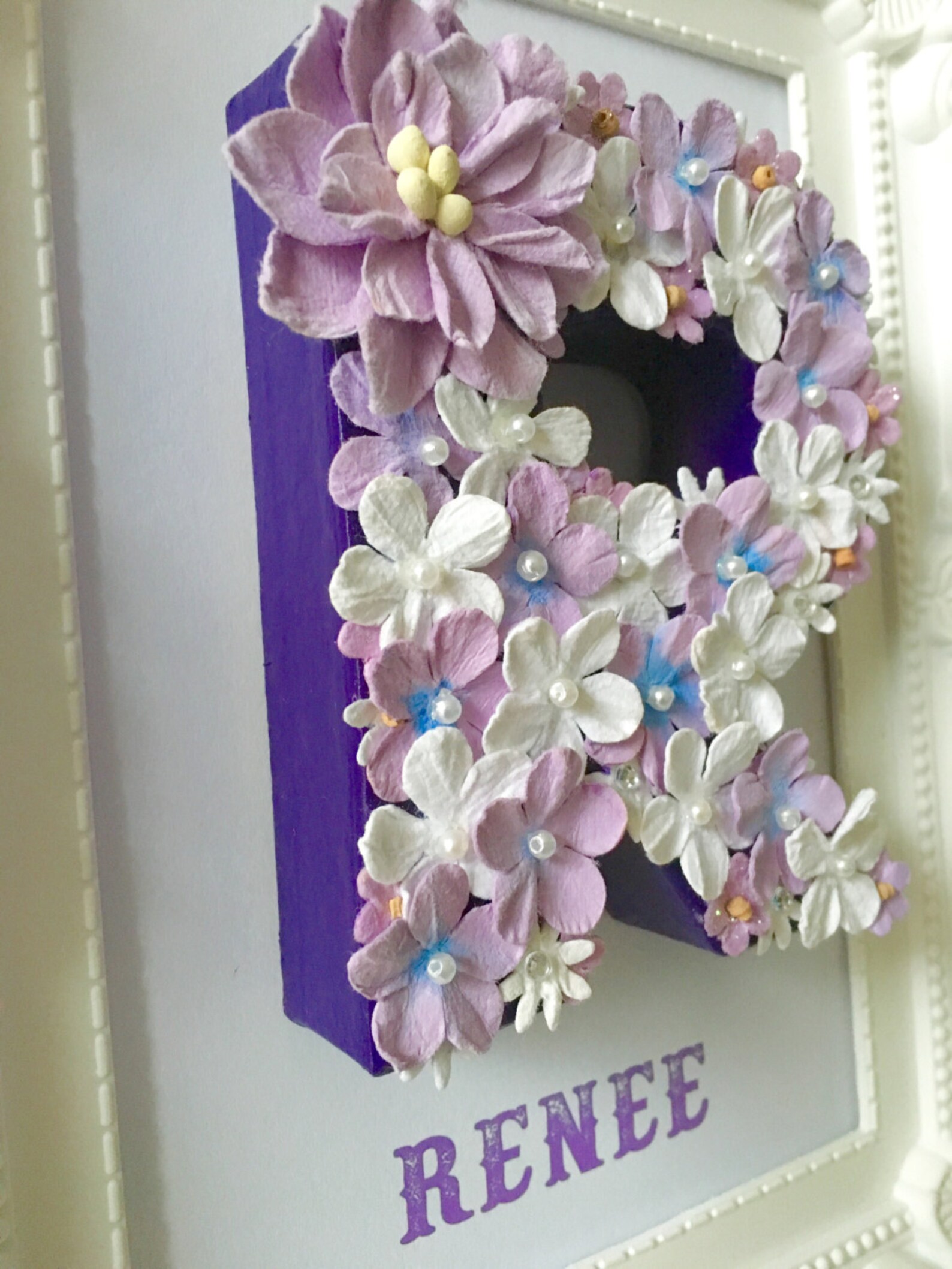 Personalised Floral Sign, White and Lilac Flower Initial, Flower ...