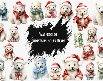 Christmas Polar Bears Clipart Cute Baby Animals in Outfits, Xmas, Santa ...