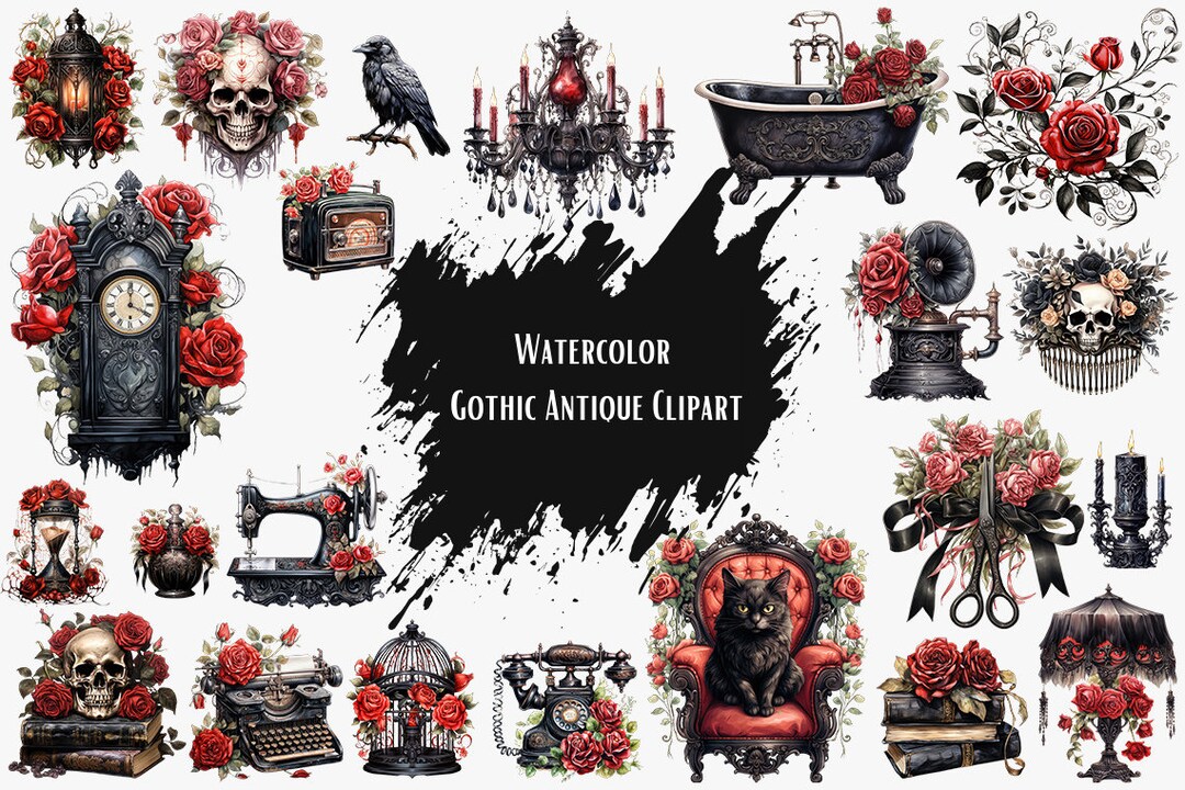 Watercolor Gothic Antique Clipart Vintage PNG Format Instant Download ...