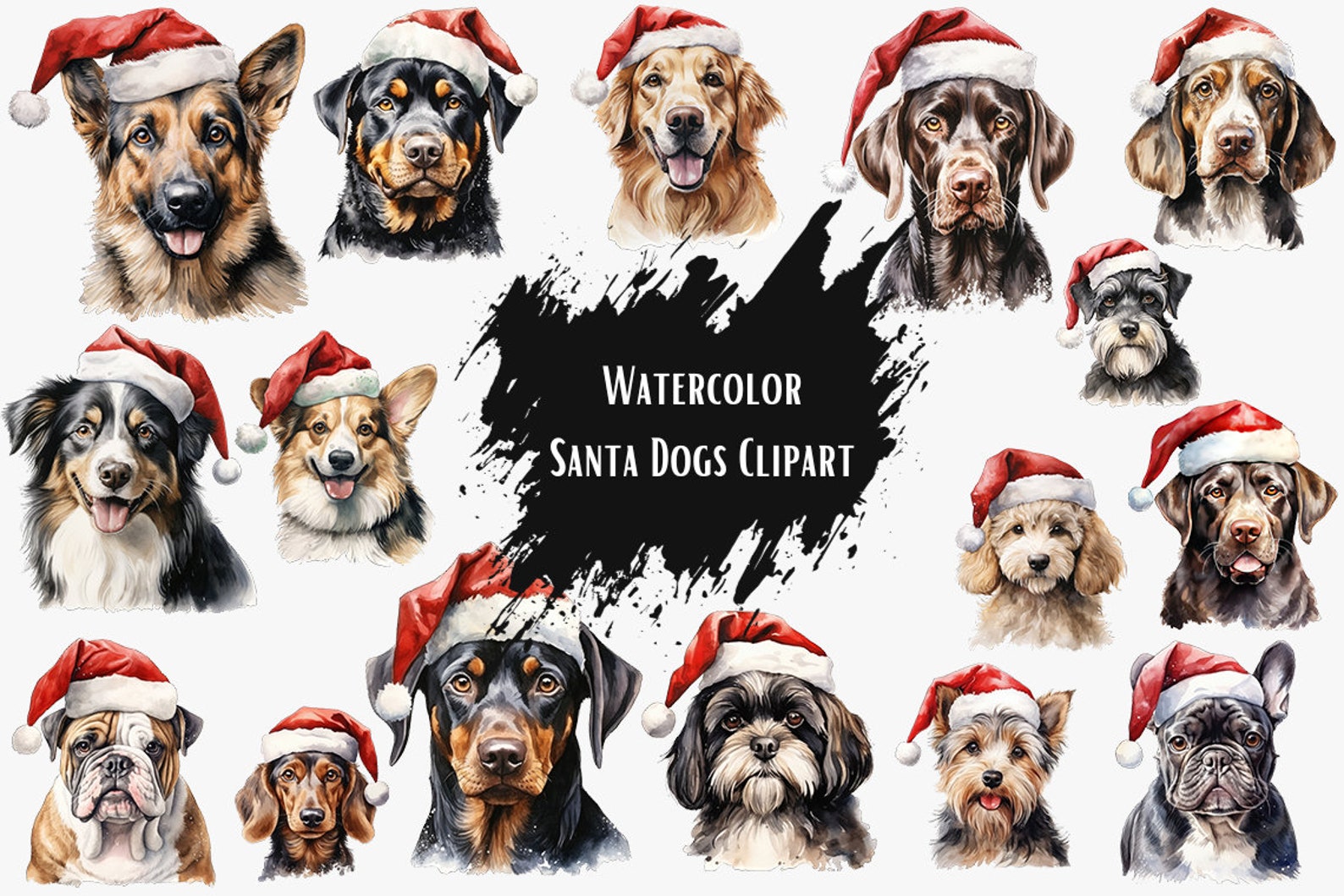 Watercolor Santa Dogs Clipart Cute Christmas Dogs PNG Format - Etsy