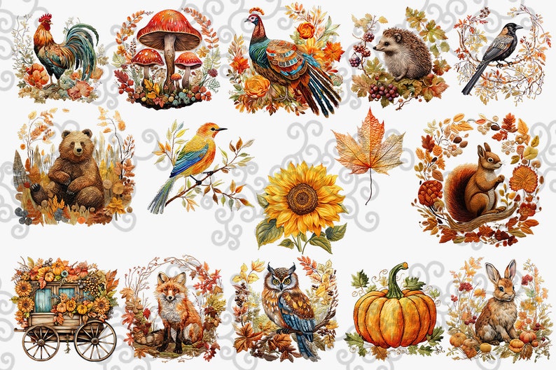 Embroidered Fall Animal Clipart - Autumn Cute Embroidery PNG Format ...