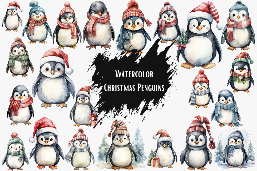 Christmas Penguins Clipart Cute Baby Animals With Holiday Floral ...