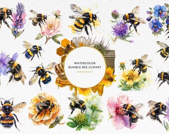 Watercolor Bumble Bee Clipart, Spring Garden Bee Clip Art PNG Graphics ...