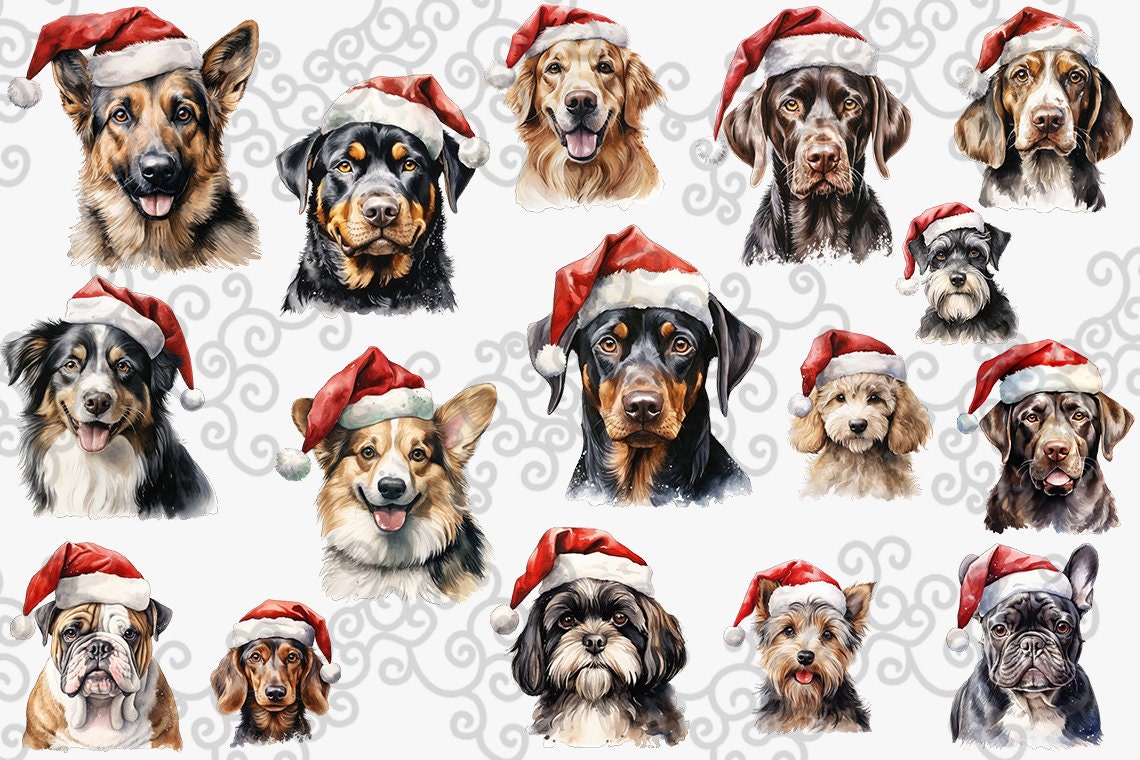 Watercolor Santa Dogs Clipart Cute Christmas Dogs PNG Format - Etsy