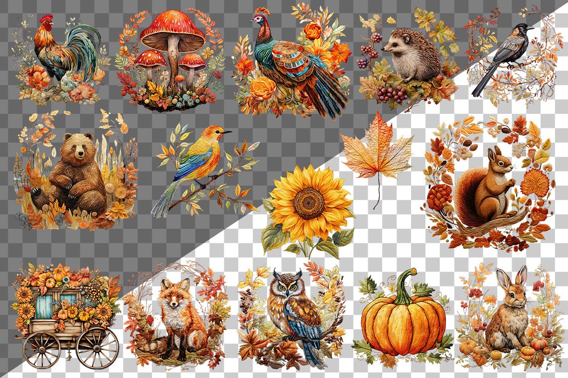 Embroidered Fall Animal Clipart - Autumn Cute Embroidery PNG Format ...