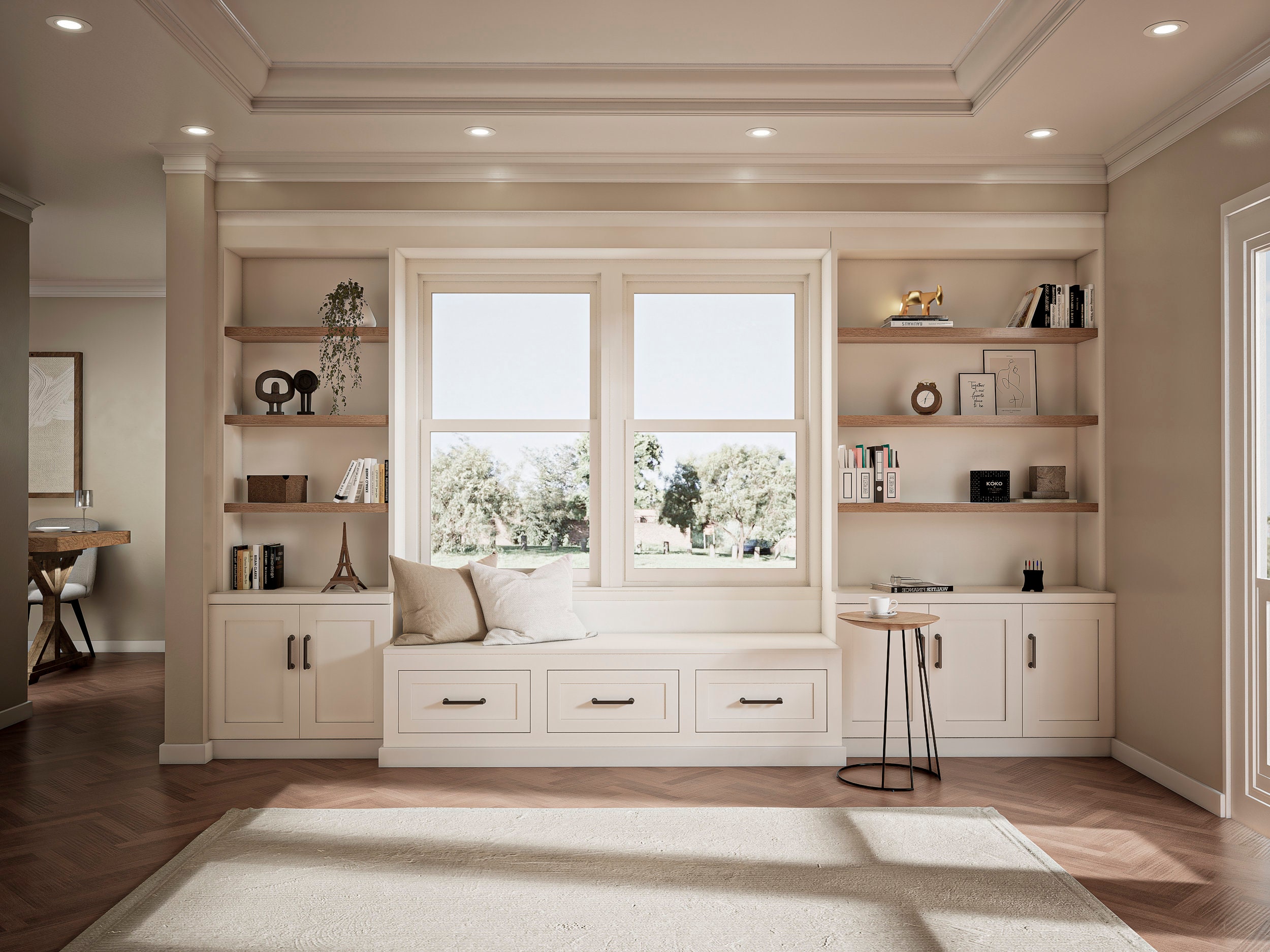 Window bench seat with bookshelves store