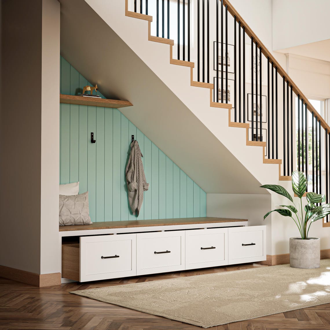 Custom White Wood Storage Bench for Under Stairs With Drawers – Modern ...