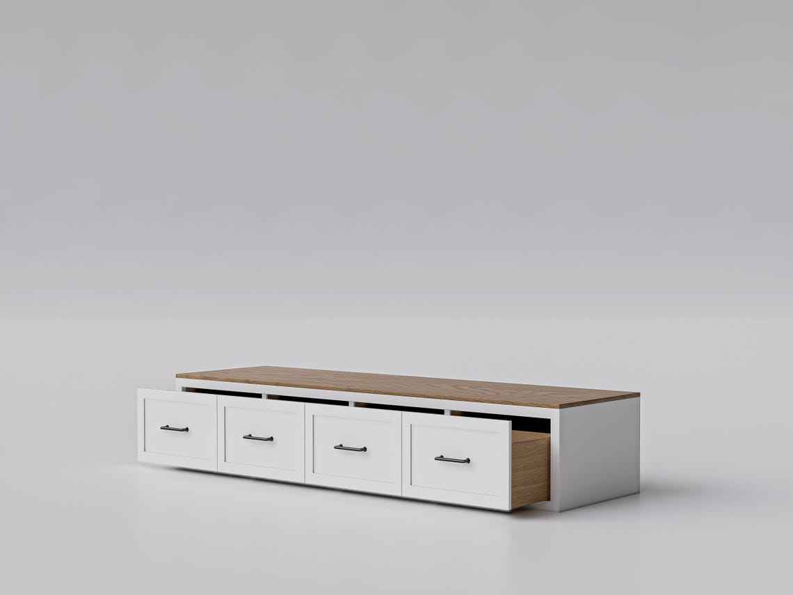 Custom White Wood Storage Bench for Under Stairs With Drawers – Modern ...
