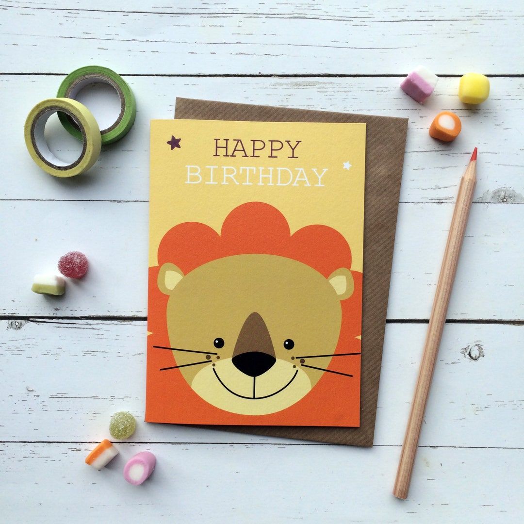 Cute Lion Birthday Card | Kawaii Lion Birthday Card for Kids - Etsy