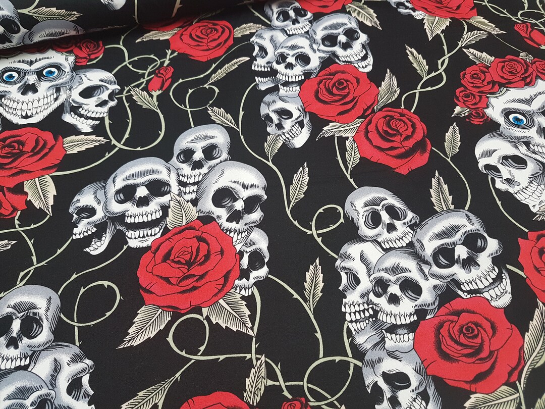 Skull Skeletons and Roses Cotton Fabric Black Red Green Goth Fabric ...