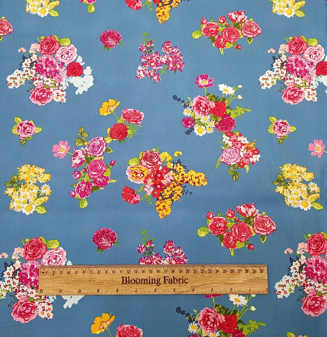 Cotton Fabric, Floral Fabric, Bouquets of Colorful Flowers on Blue ...