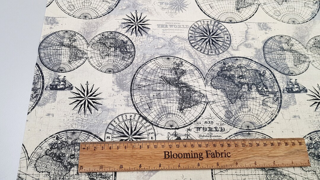 Globe Fabric, Old Map Cotton Fabric, World Map Fabric, Craft and ...