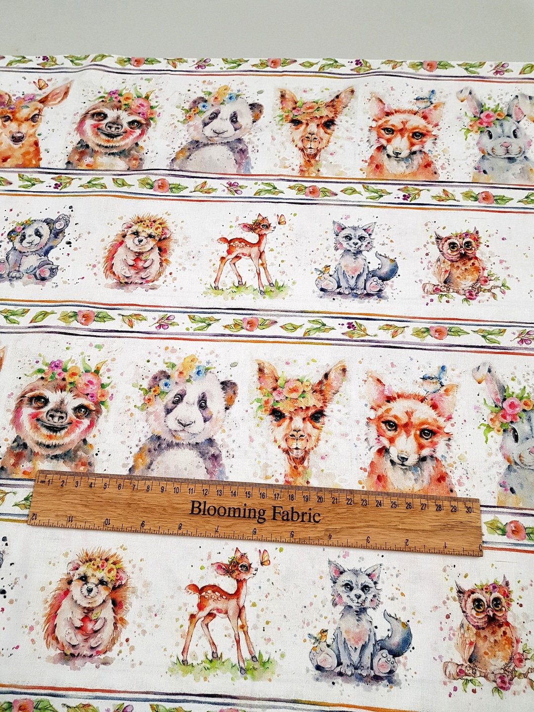 Animals Fabric Panel, Watercolour Style Fabric, Fox, Panda, Owl Cotton ...