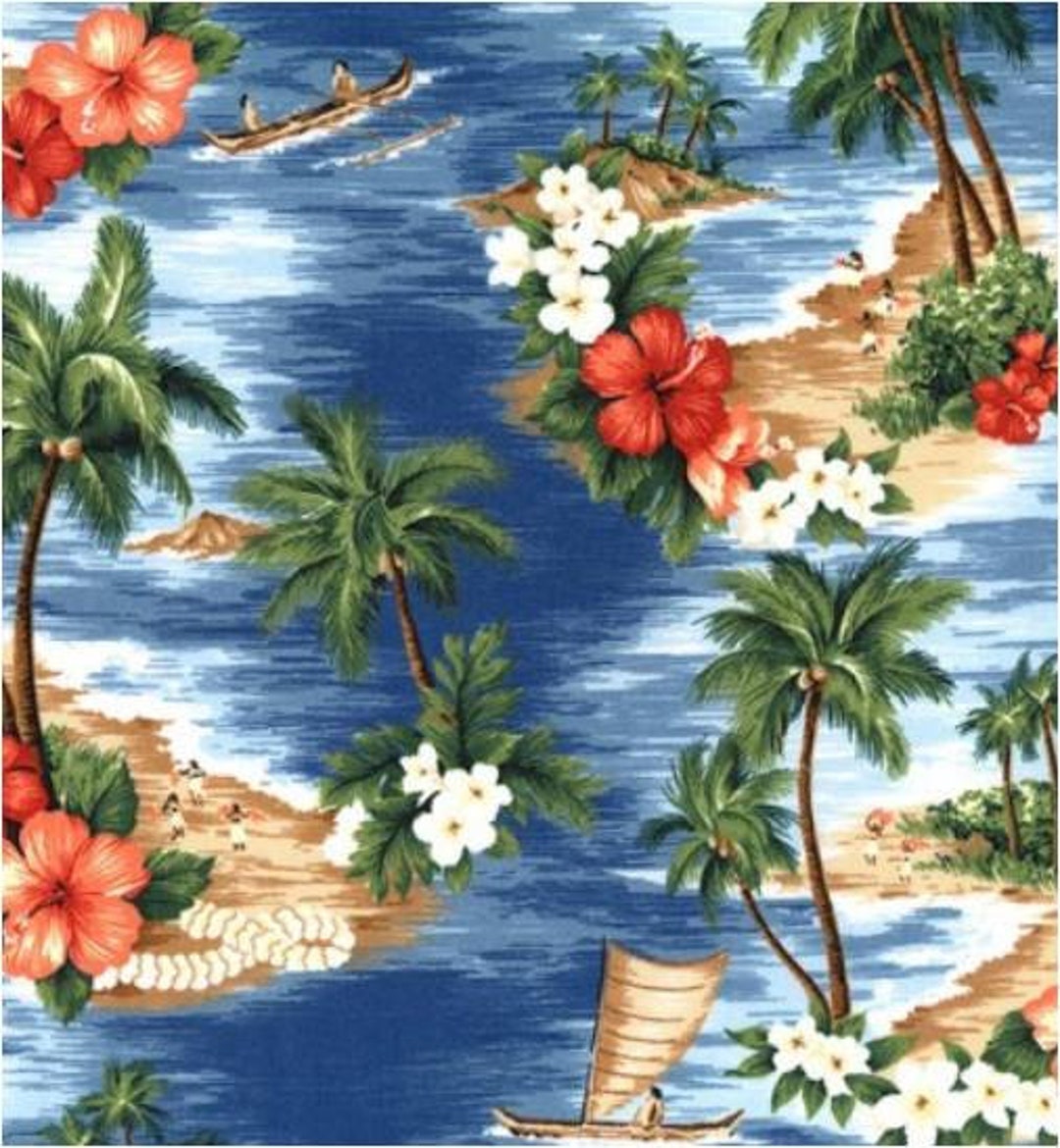 Tropical Fabric River Cotton Palm Tree Fabric Retro Dark Blue ...