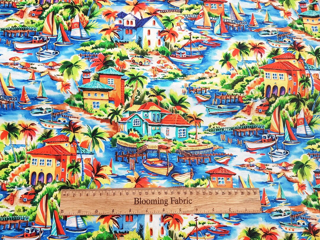 Tropical Island Cotton Fabric, Palm Tree Fabric Retro Hawaiicotton 100% ...