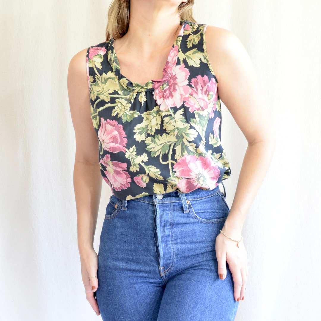 100% Silk Black Floral Tank - Etsy