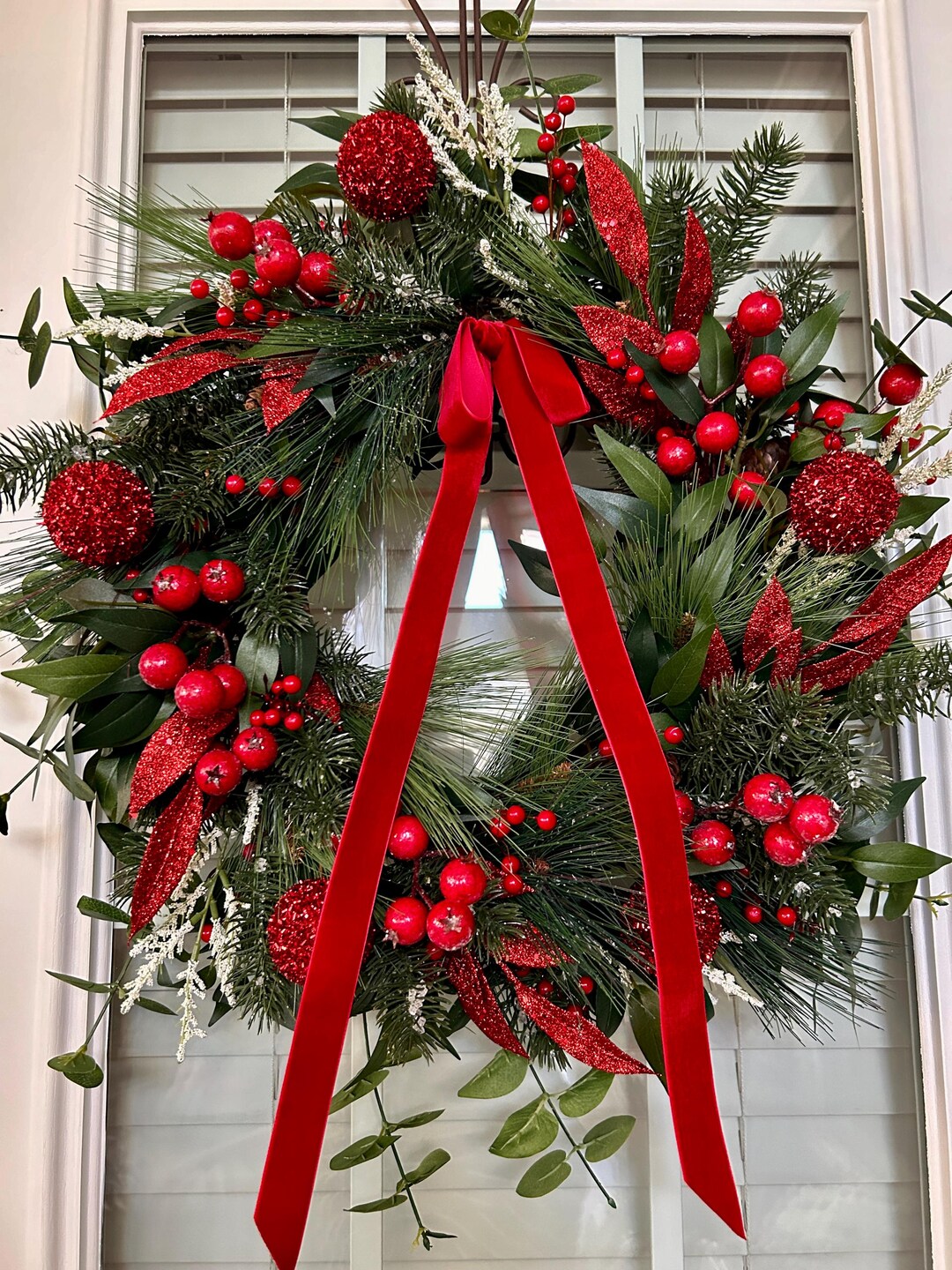Christmas Wreath, Evergreen Boughs With Glittered Red Bay Leaves, Door ...