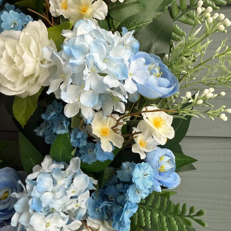 Chinoiserie Hydrangea Wreath Floral Handmade Door Hanger for Summer Blue and White Decor for ...