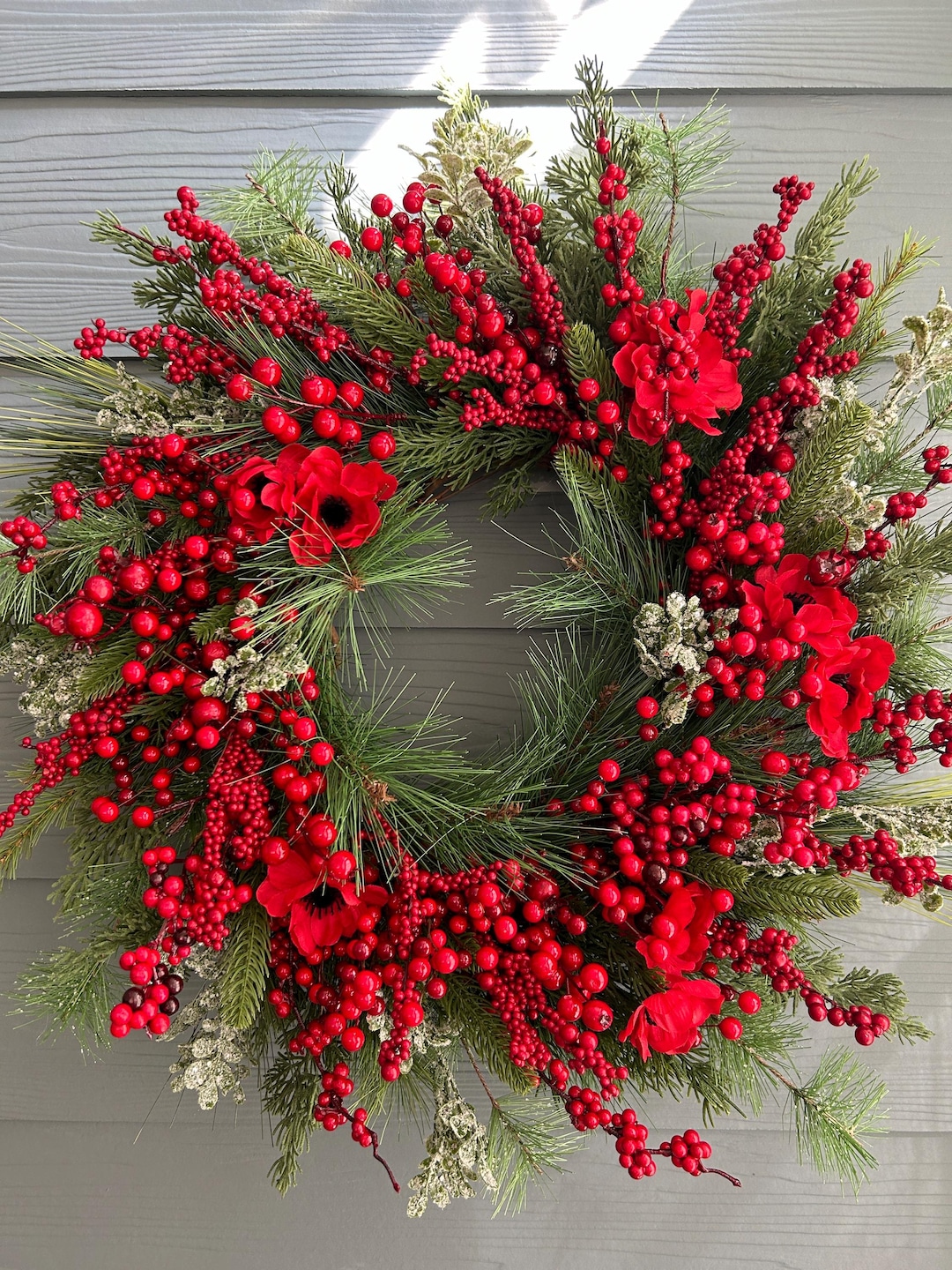 Christmas Wreath, Evergreen Boughs With Red Berries, Door Hanger ...