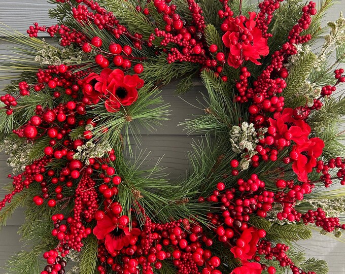 Christmas Wreath, Evergreen Boughs With Red Berries, Door Hanger ...