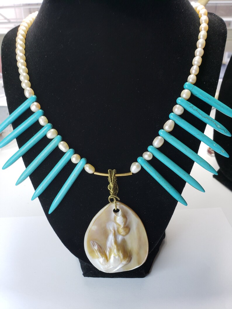 Pendant: Genuine Pearls, Howlit Spike and Large Shell Pendant - Etsy