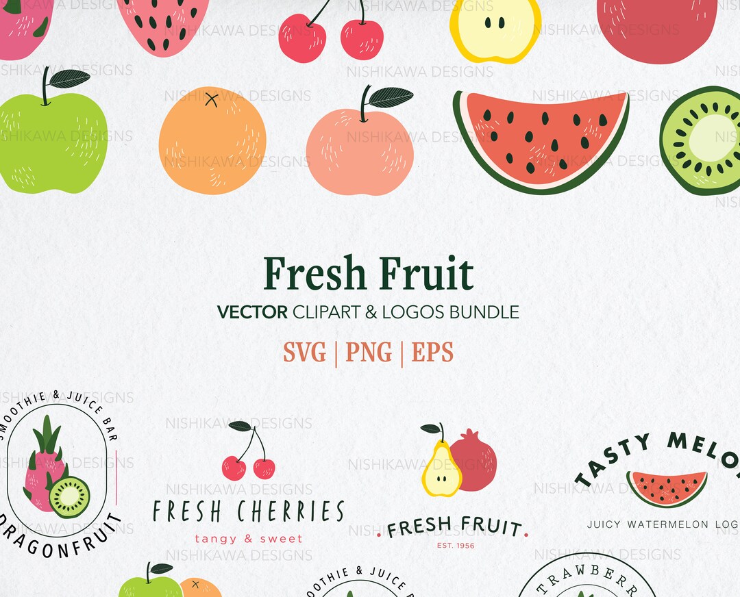 Cute Simple Fresh Fruit Clipart and Logo Bundle. Fruit Vector ...