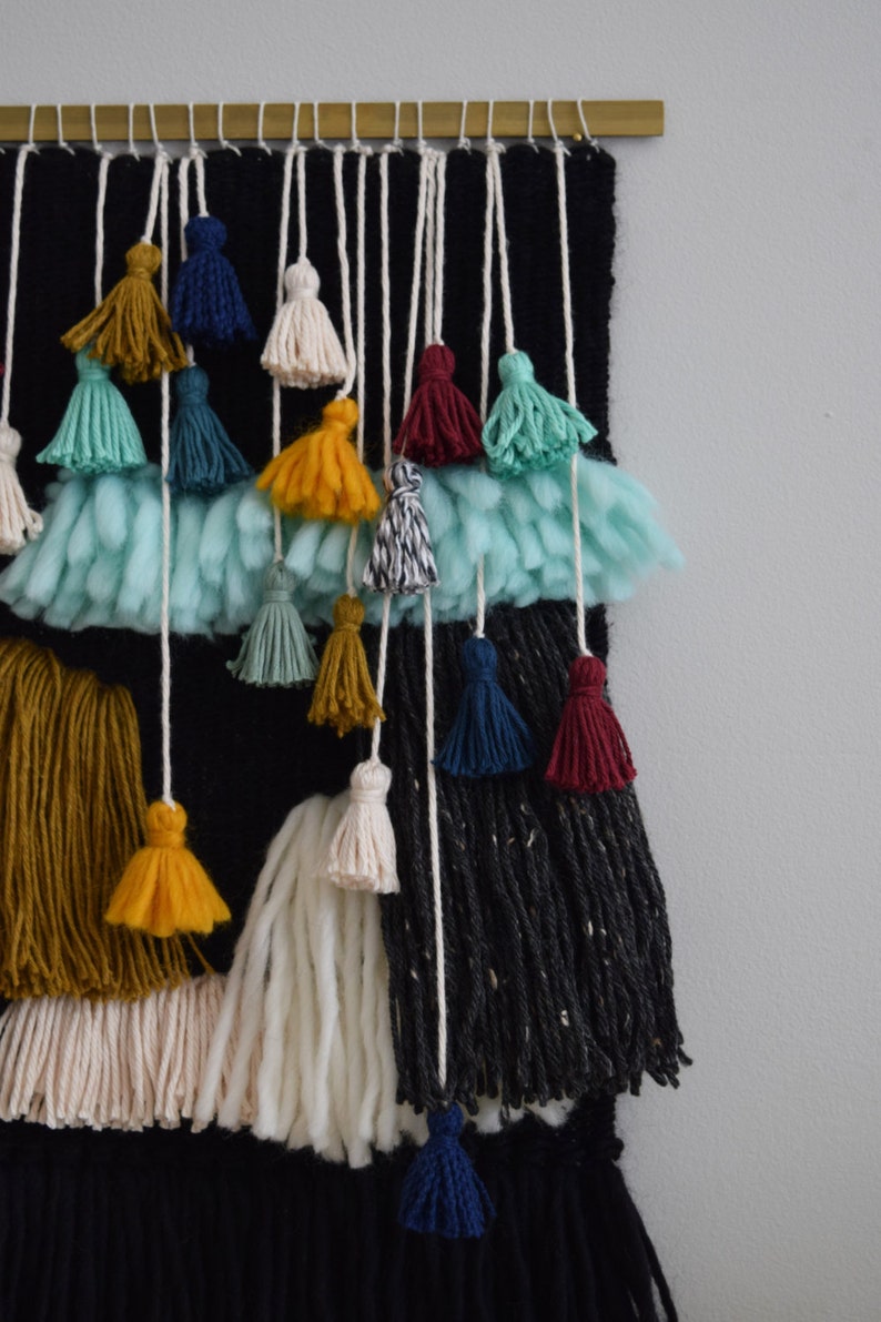 Handmade Woven Wall Hanging. Abstract Tassel and Fringe Wall Art, Black ...