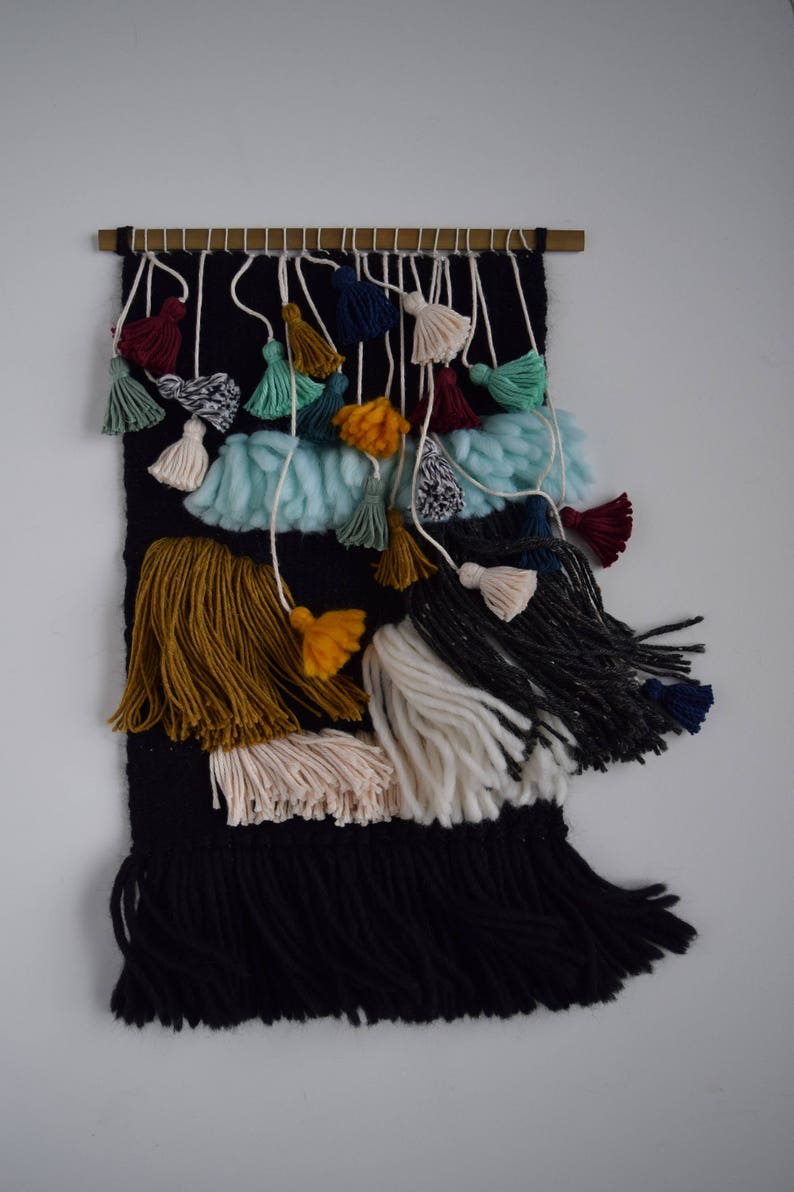 Handmade Woven Wall Hanging. Abstract Tassel and Fringe Wall Art, Black ...