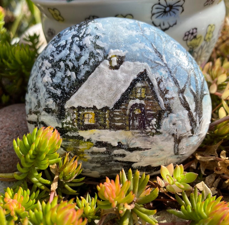 Hand Painted Winter Snowy Scene Log Cabin Stone - Etsy