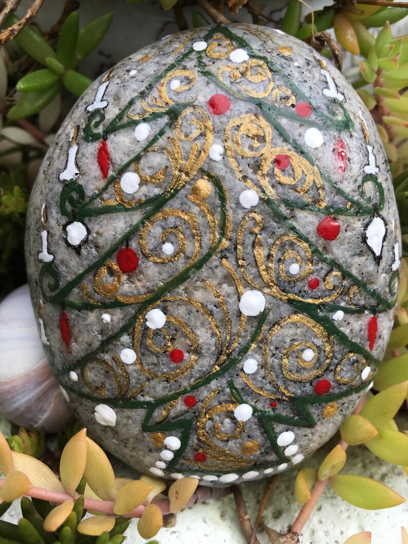 Hand Painted Christmas Tree Stone - Etsy