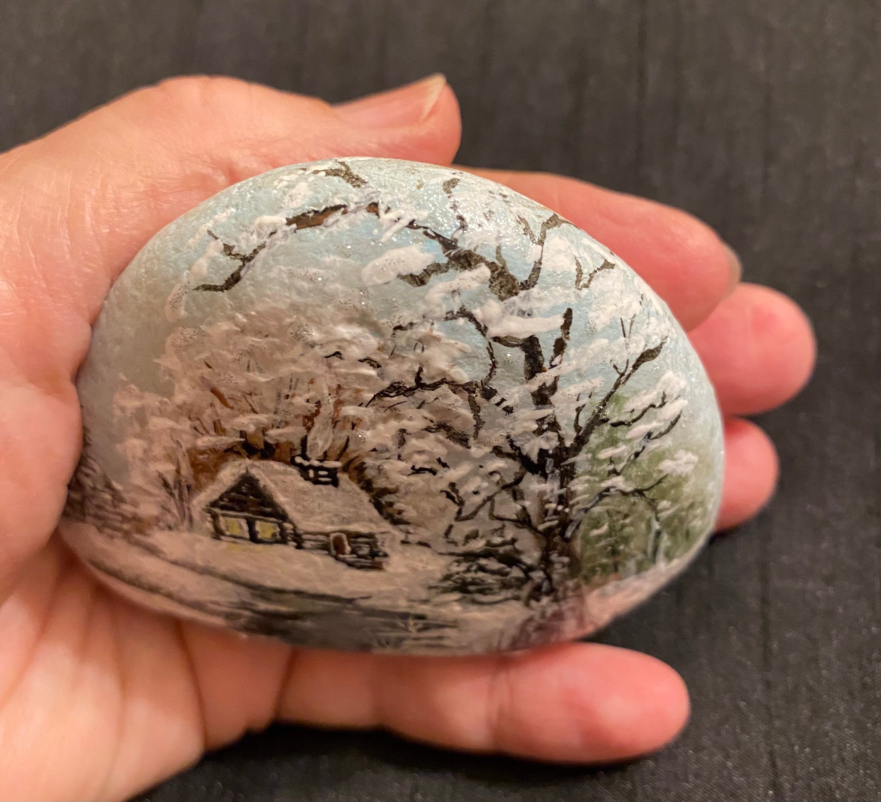 Winter Scene Log Cabin Hand Painted Stone - Etsy