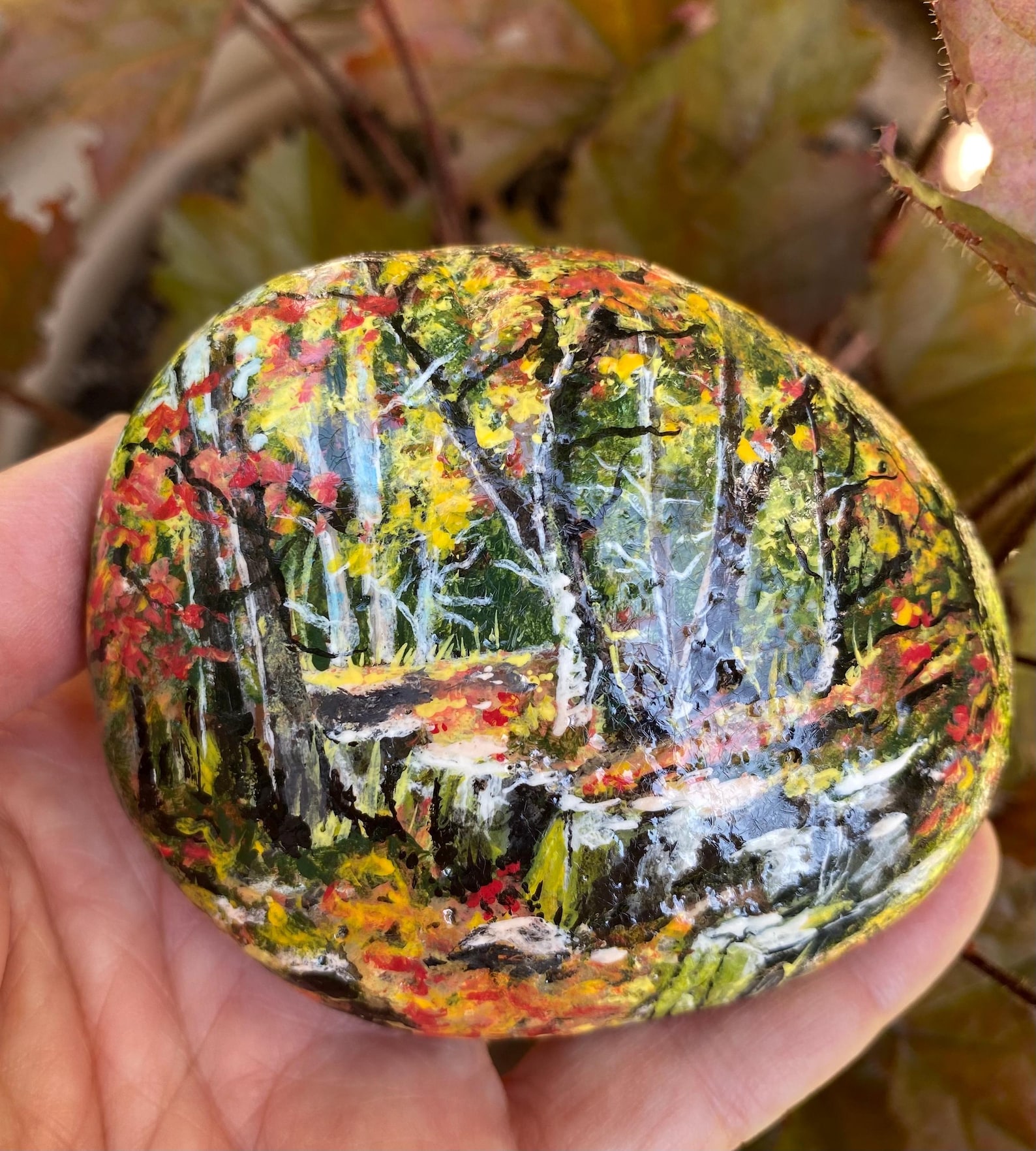 Fall Foliage Forest Painted Stone - Etsy