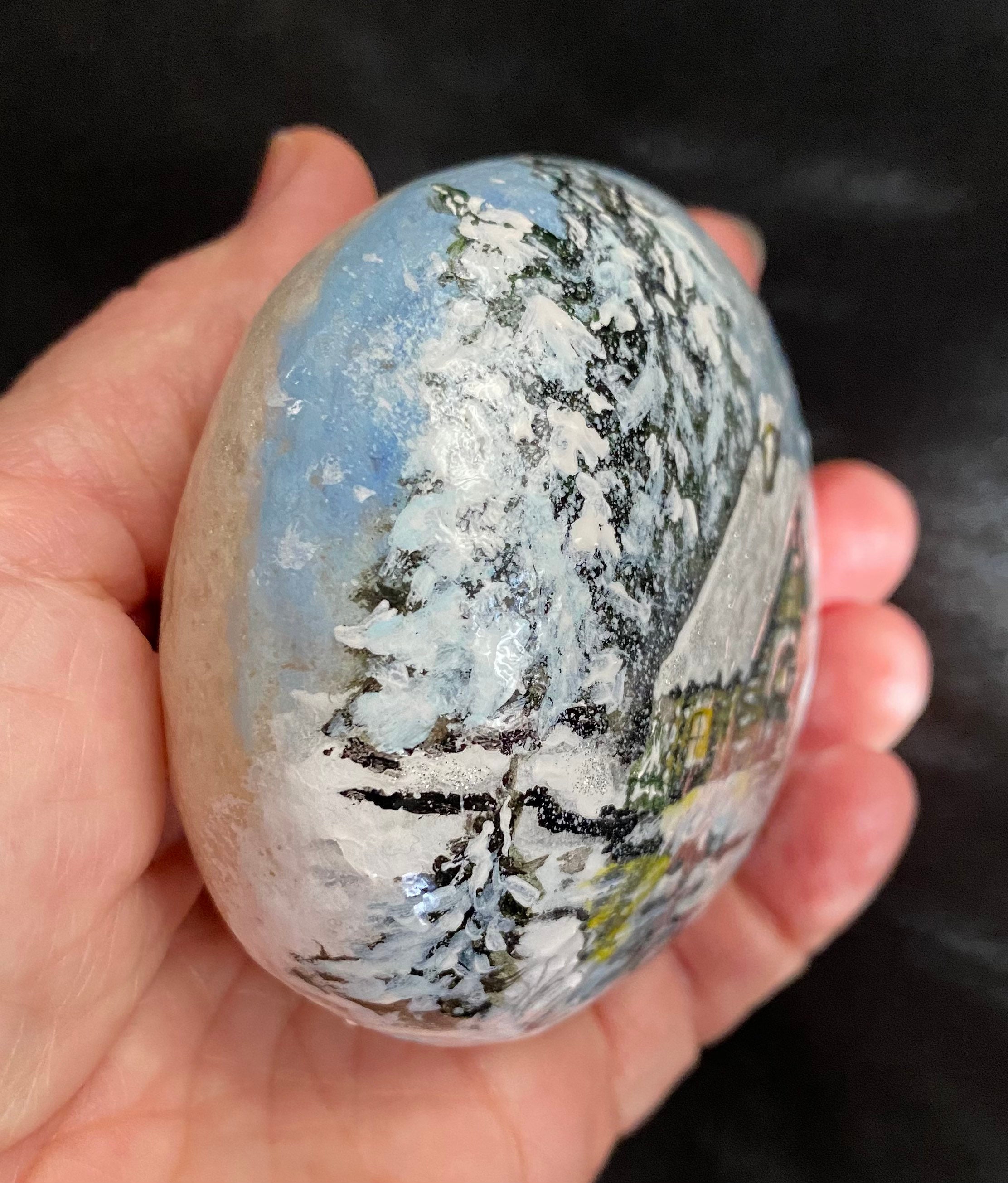 Hand Painted Winter Snowy Scene Log Cabin Stone - Etsy