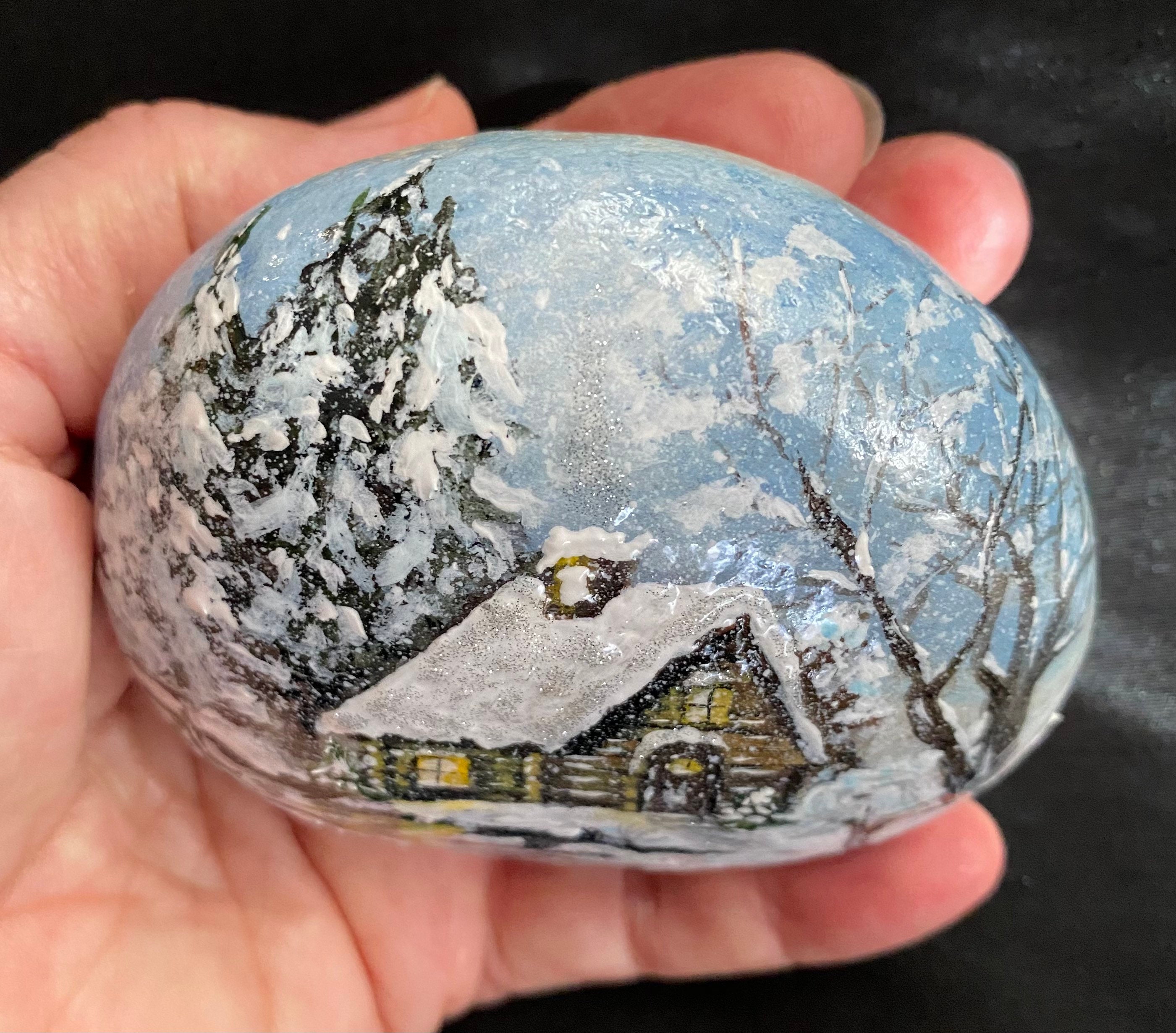 Hand Painted Winter Snowy Scene Log Cabin Stone - Etsy