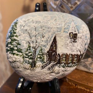 Winter Scene Church Snowy Trees Hand Painted Stone - Etsy