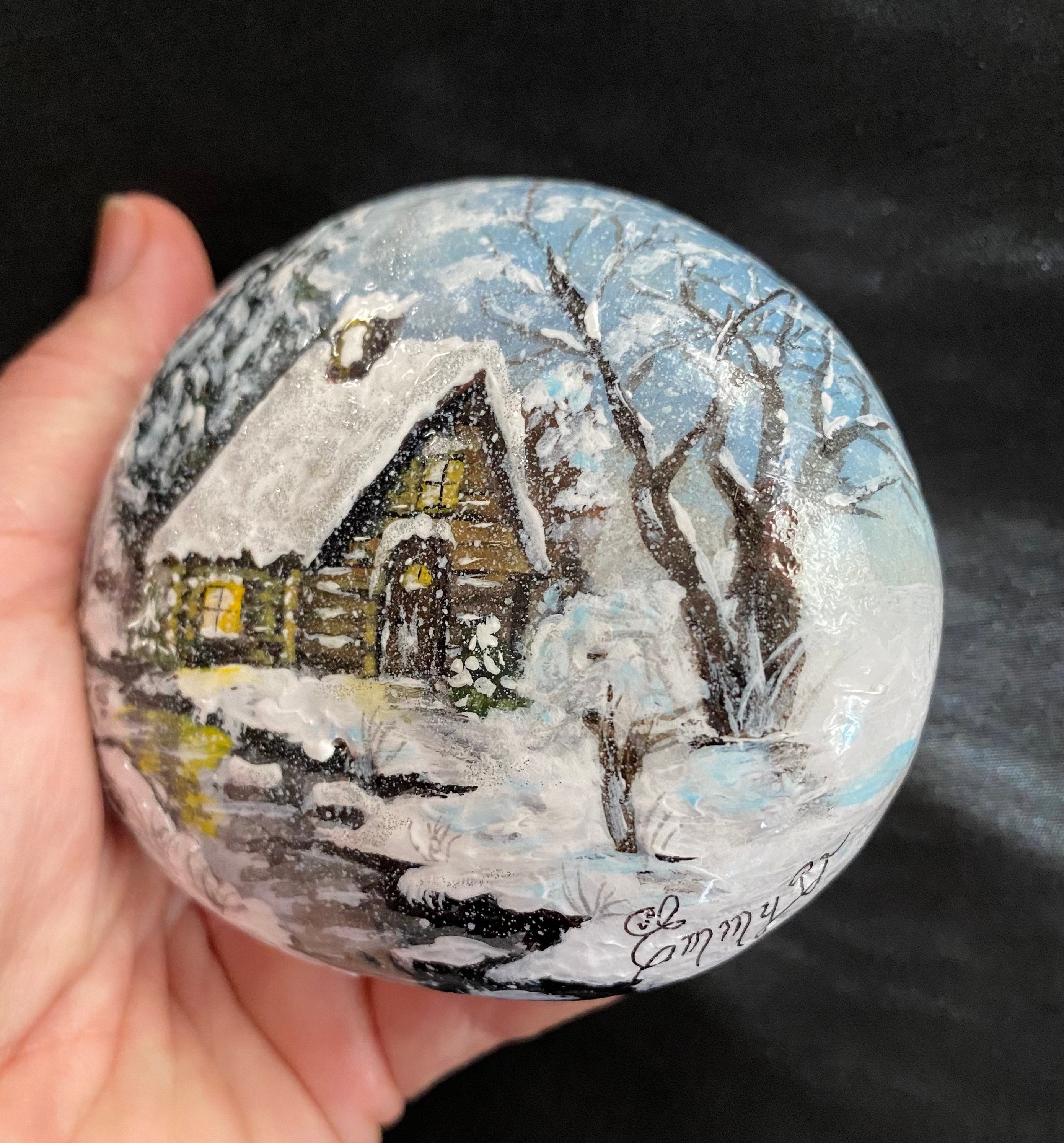 Hand Painted Winter Snowy Scene Log Cabin Stone - Etsy